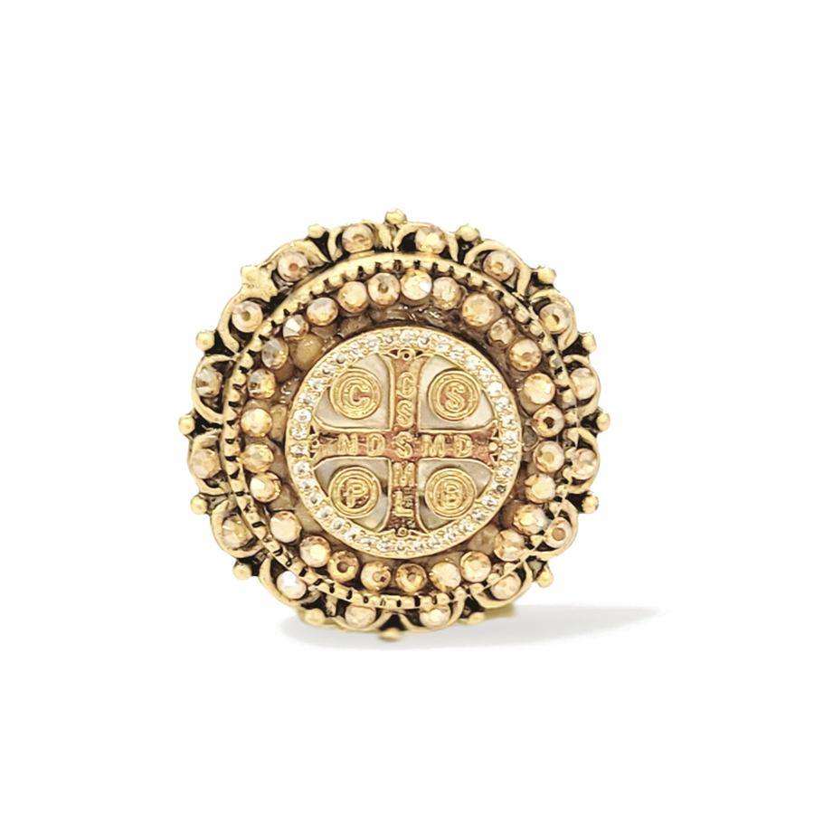 BENEDICTINE BLESSING GOLD PEARL CROSS ORNATE RING – Mustard Seed Jewelry